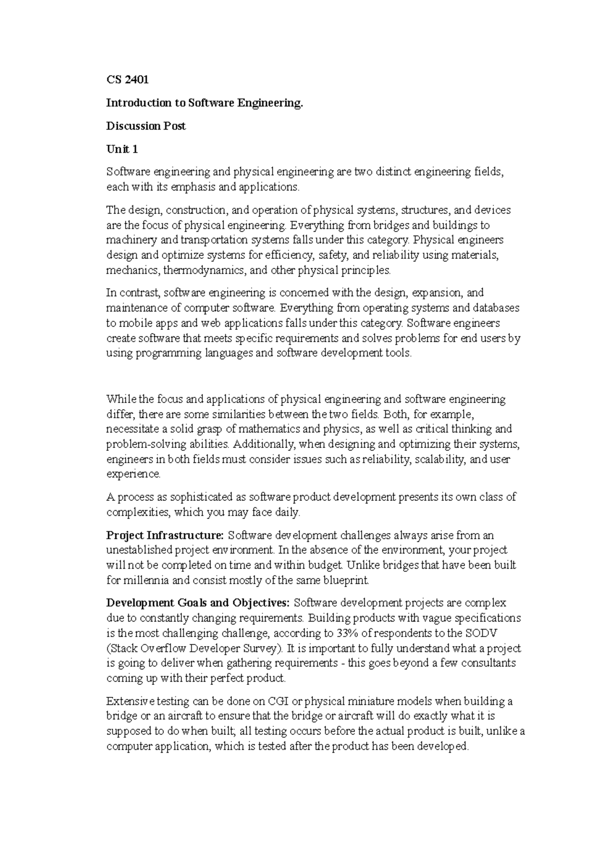 CS 2401 Discussion Post Unit 1 - CS 2401 Introduction to Software Engineering. Discussion Post ...