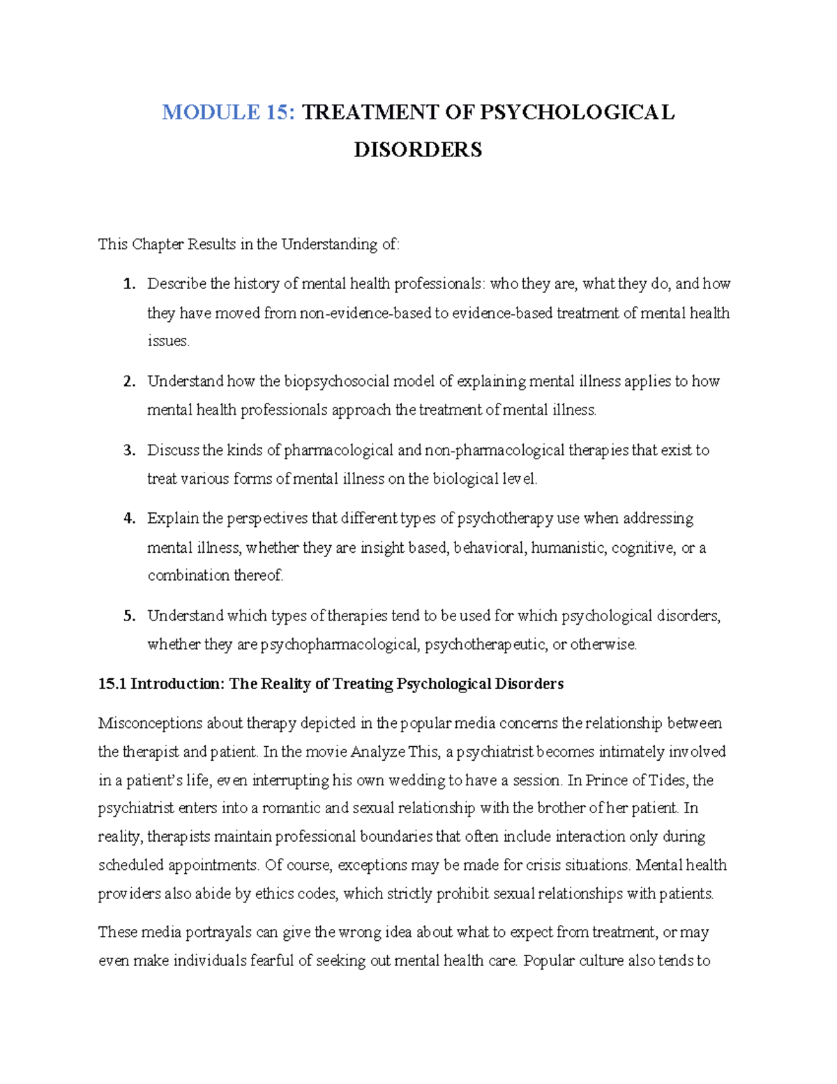 Module 15- Treatment of Psychological Disorders - MODULE 15: TREATMENT ...