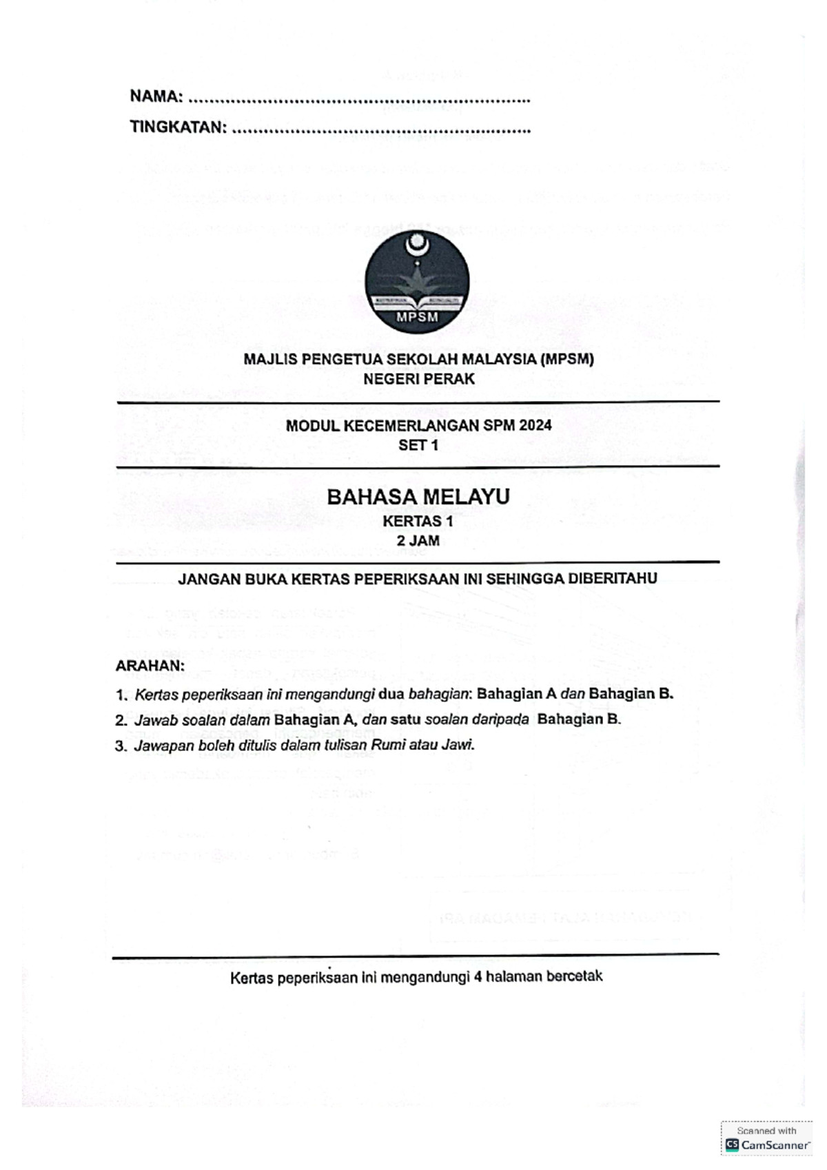 Trial K1 BM SPM 2024 - Perak - NAMA: TINGKATAN: MPSM MAJLIS PENGETUA ...