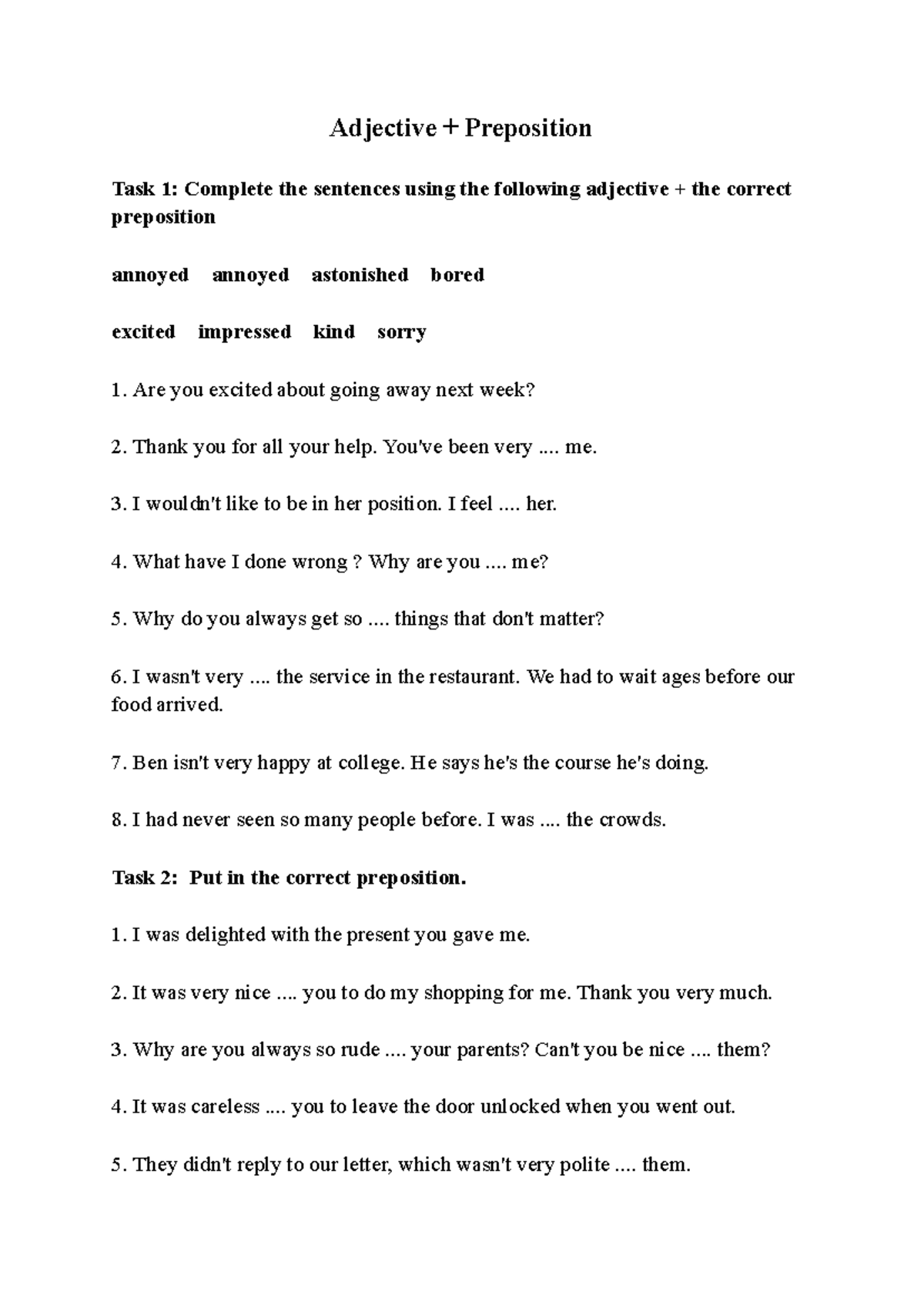 Adjective +Preposition - Adjective + Preposition Task 1: Complete the ...