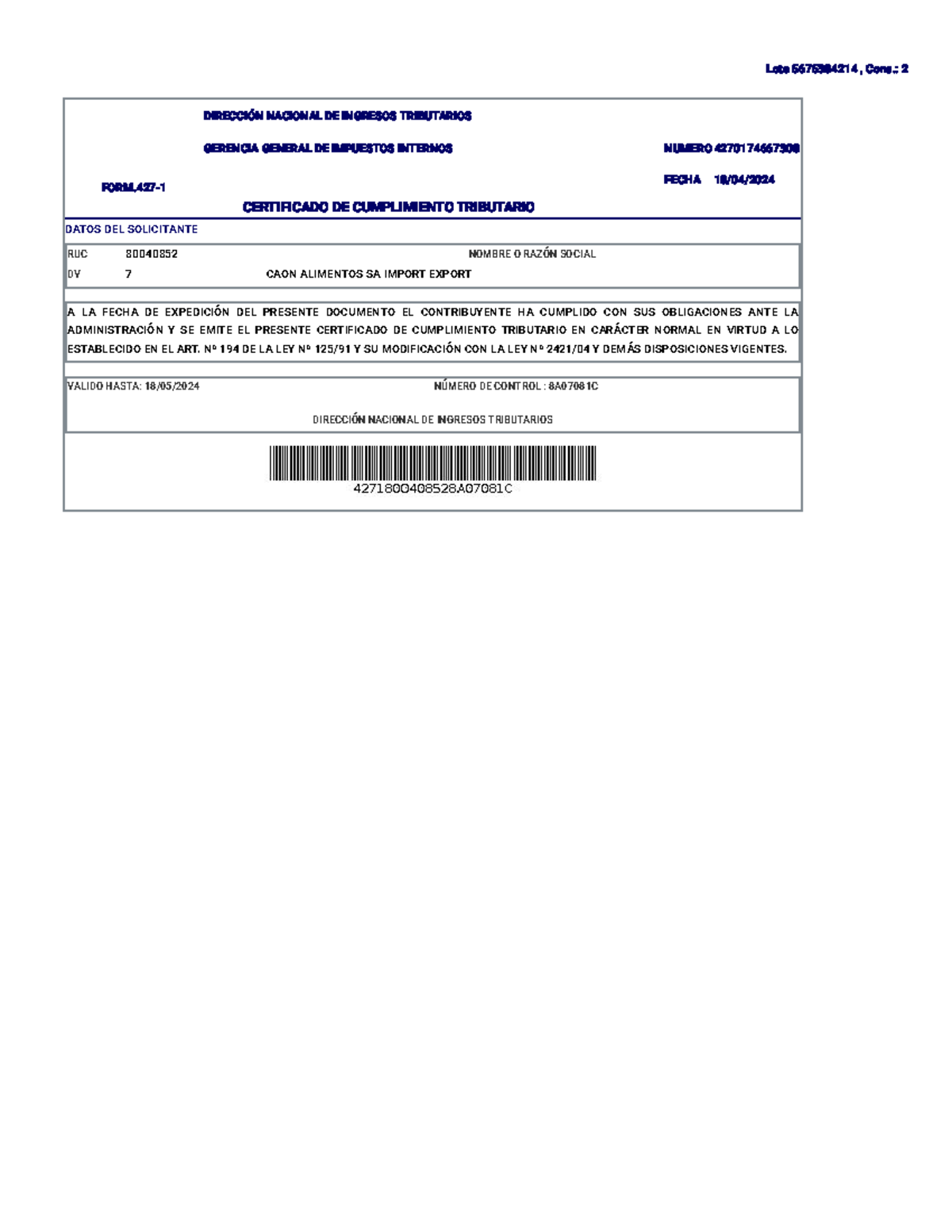 CCT Vigente - CCT para validar - Lote 5675384214 , Cons.: 2 FORM ...