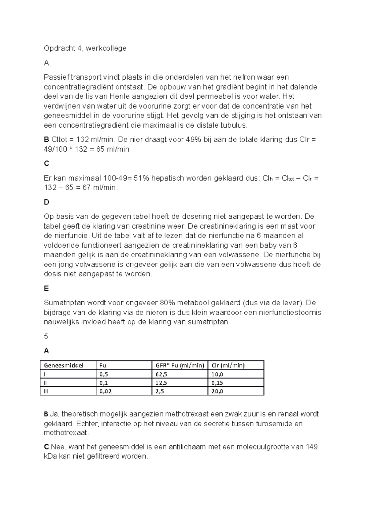 Werkcollege 5 Renale klaring antwoorden - Opdracht 4, werkcollege A ...