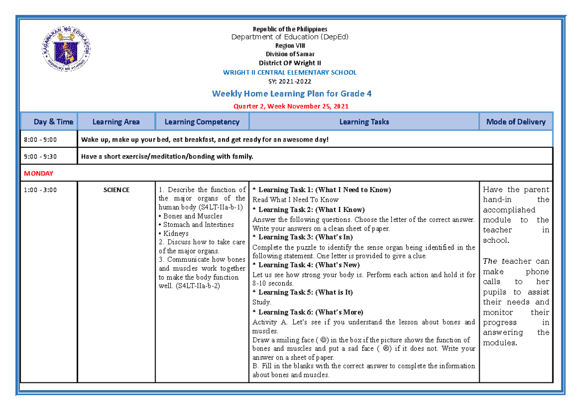 Grade 4 ALL Subjects WHLP Q2 W1 jerlyn - Weekly Home Learning Plan for ...