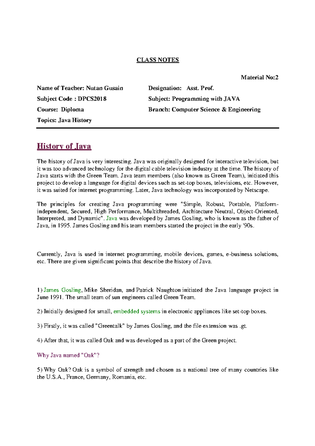 1.2 Java History - Lecture notes 1 - CLASS NOTES Material No: Name of ...