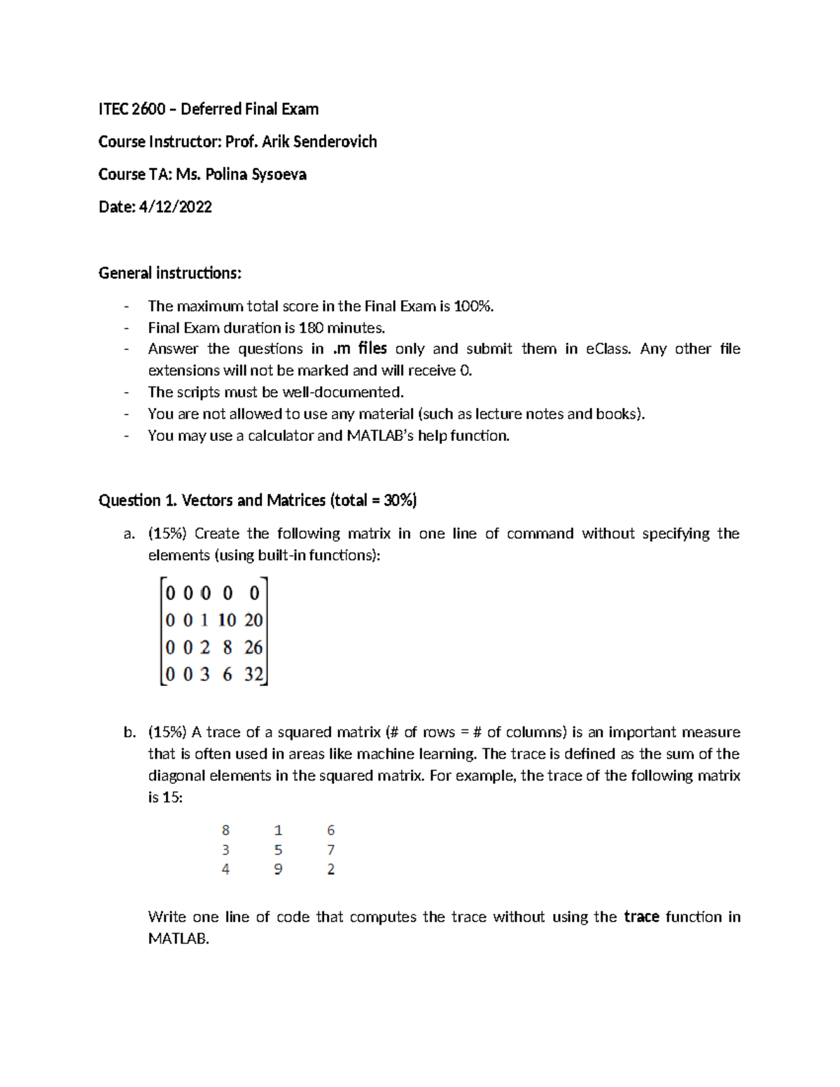 ITEC 2600 - Final Exam solution (Winter 2022) - ITEC 2600 – Deferred ...