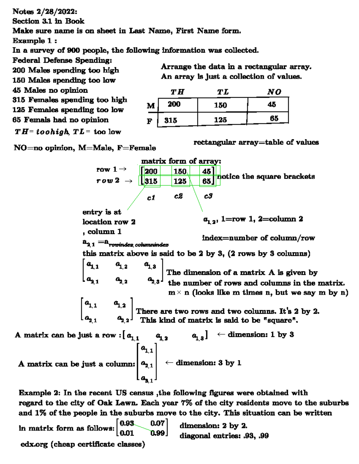 Math 200 notes 2 28 2022 - matrix operations, addition, constructions ...