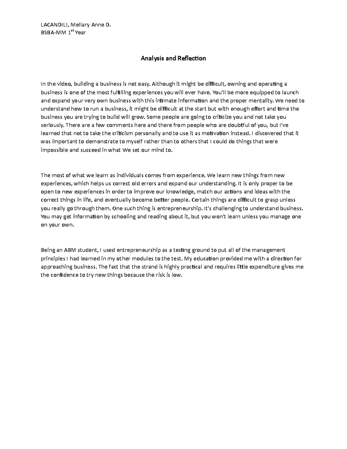 Analysis and Reflection - LACANDILI, Mellary Anne D. BSBA-MM 1st Year ...