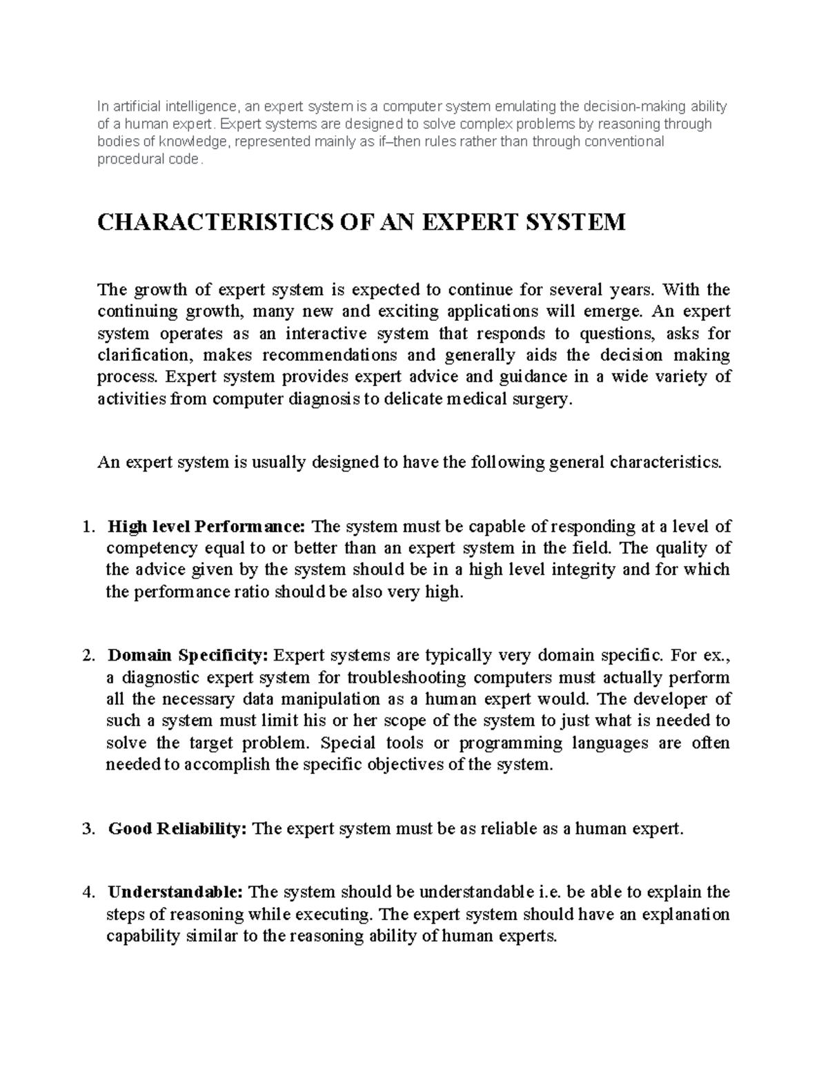 Expert systems notes - ####### In artificial intelligence, an expert ...