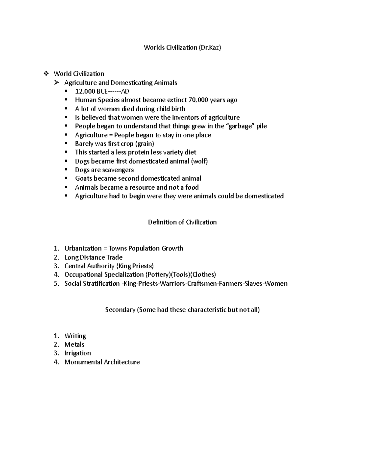 History Notes - Worlds Civilization (Dr) World Civilization Agriculture ...