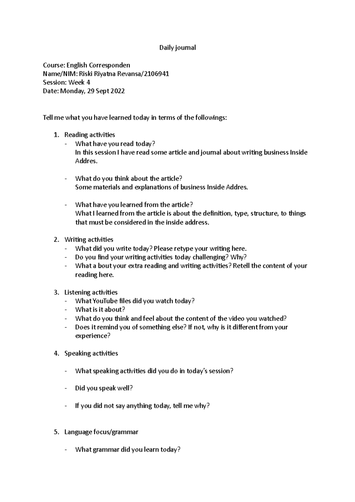 Daily journal at English Course to reflect student's understanding ...