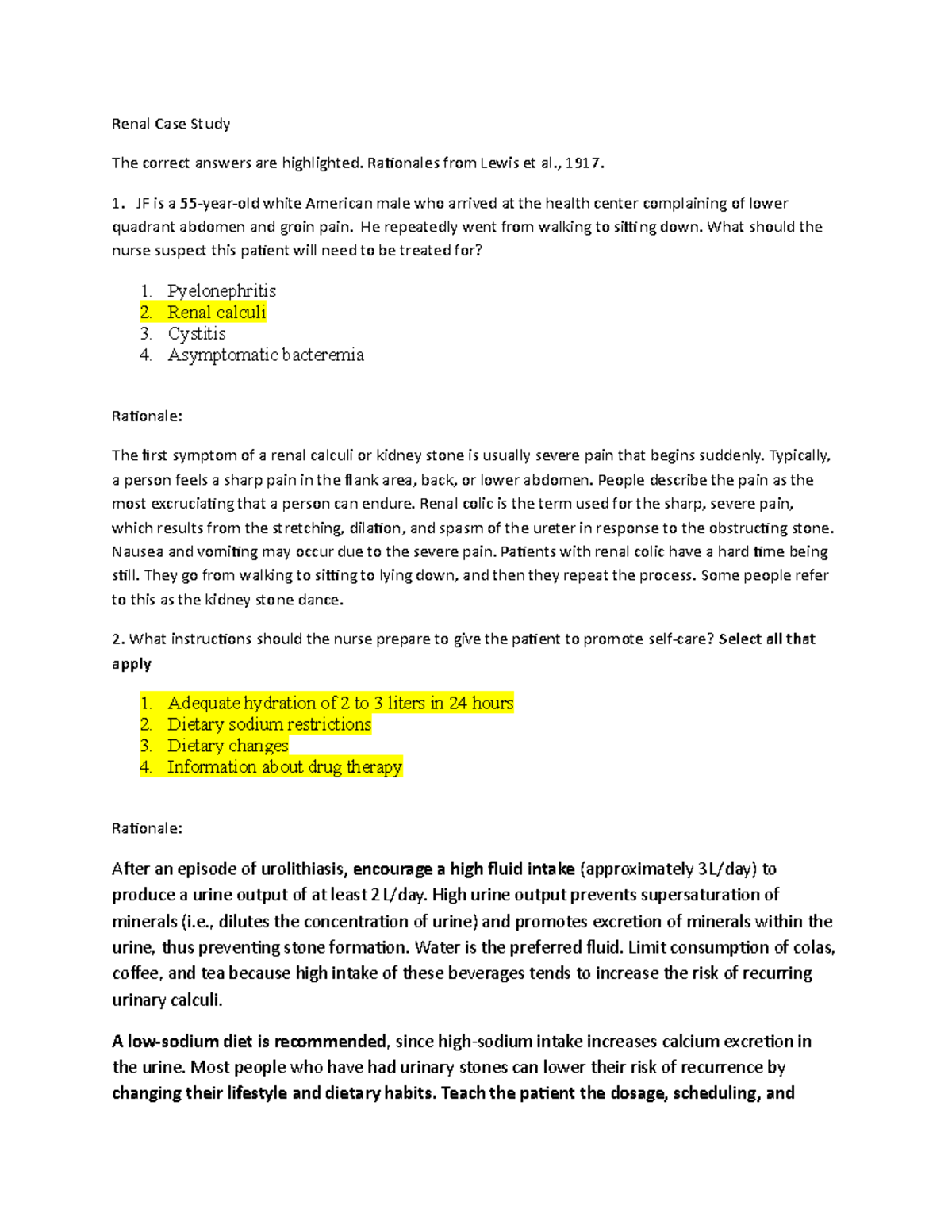 Answerkey 2Renal Case Study - Renal Case Study The correct answers are ...