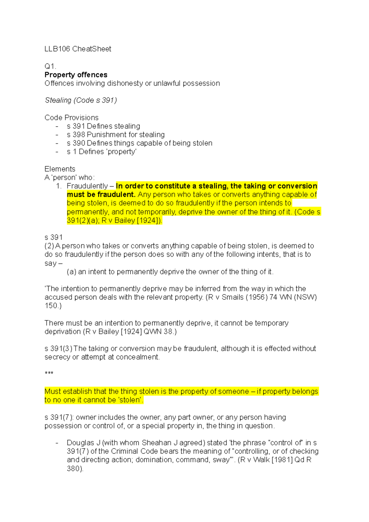LLB106 Help Sheet - Summary Criminal Law - LLB106 CheatSheet Q1. Property offences Offences ...
