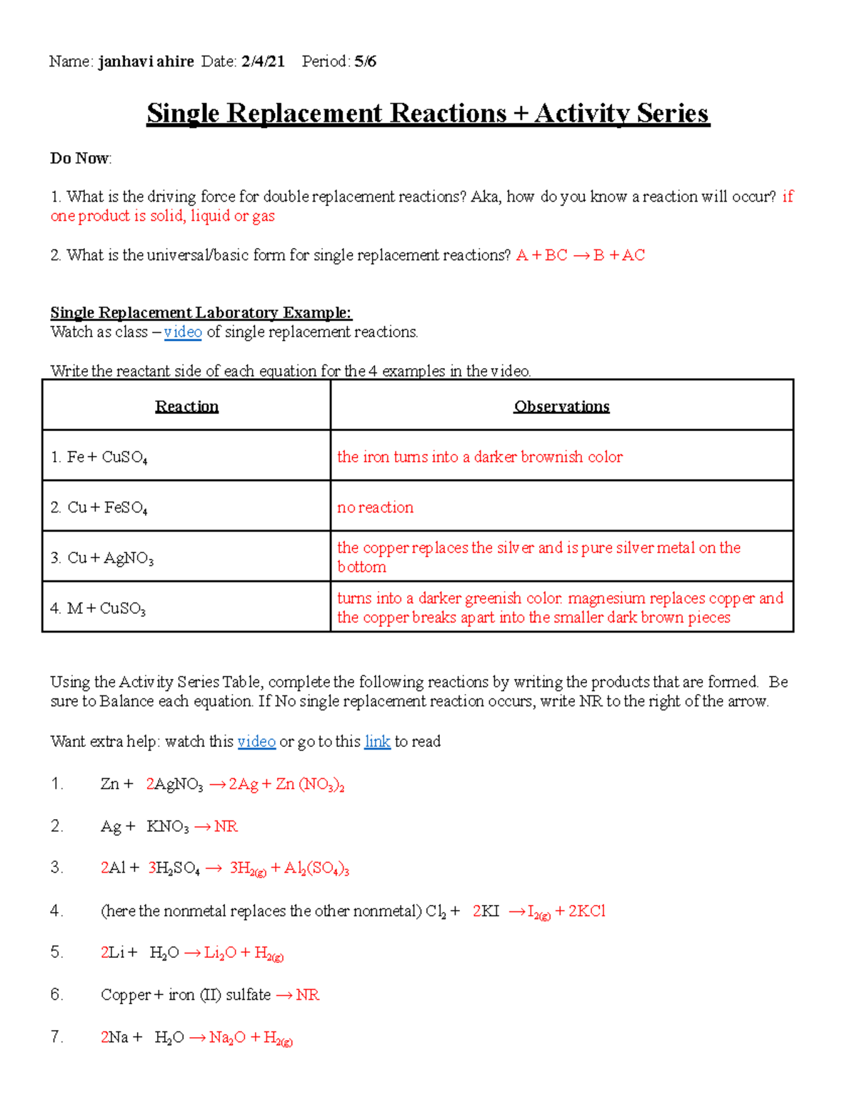 Activity Series + Single replacement reactions - Name: janhavi ahire ...