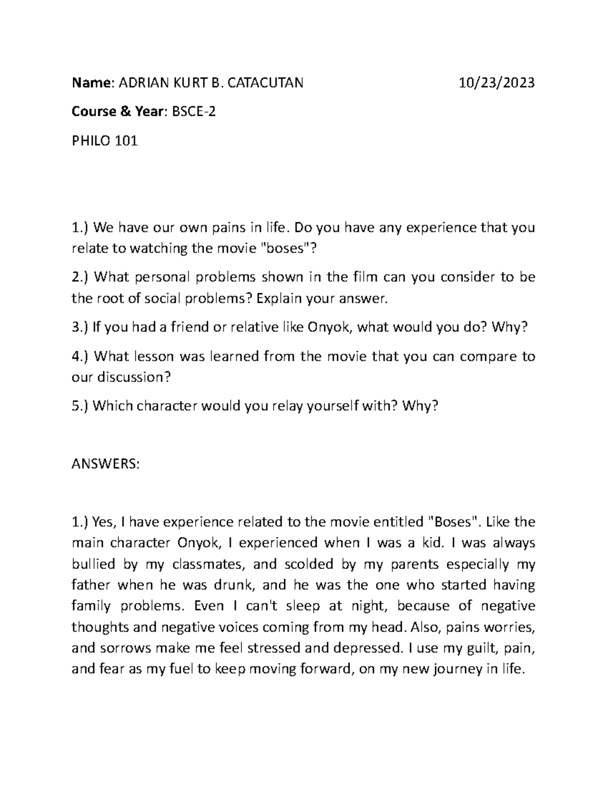 Philo-098766badi - Name: ADRIAN KURT B. CATACUTAN 10/23/ Course & Year ...