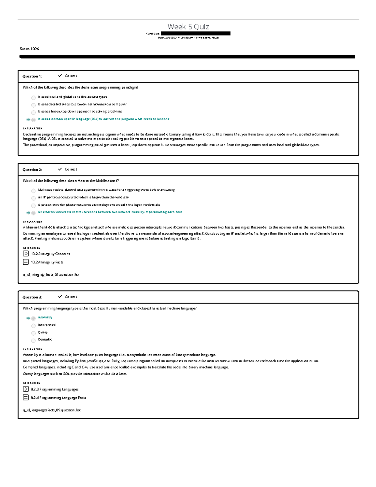 Week 5 - Quiz results Second Try - Week 5 Quiz Candidate: Date: 5/9 ...