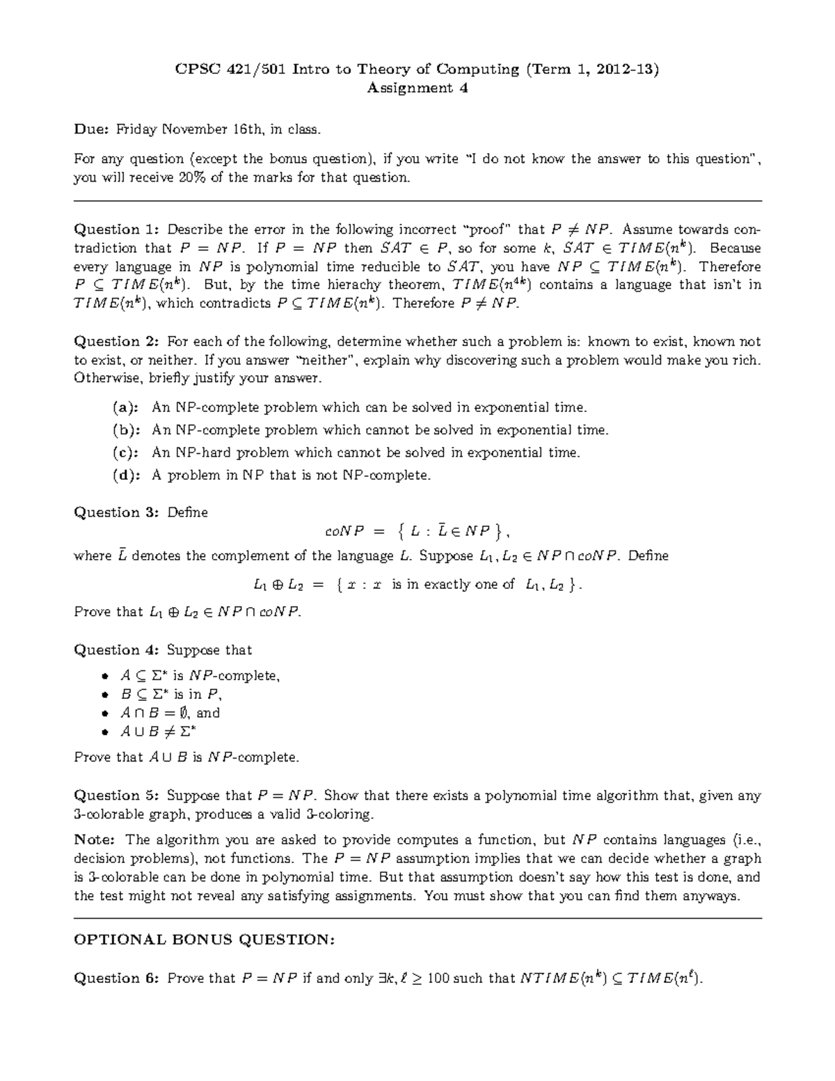 Assignment 4 Questions Cpsc 421501 Intro To Theory Of Computing Term 1 2012 13 