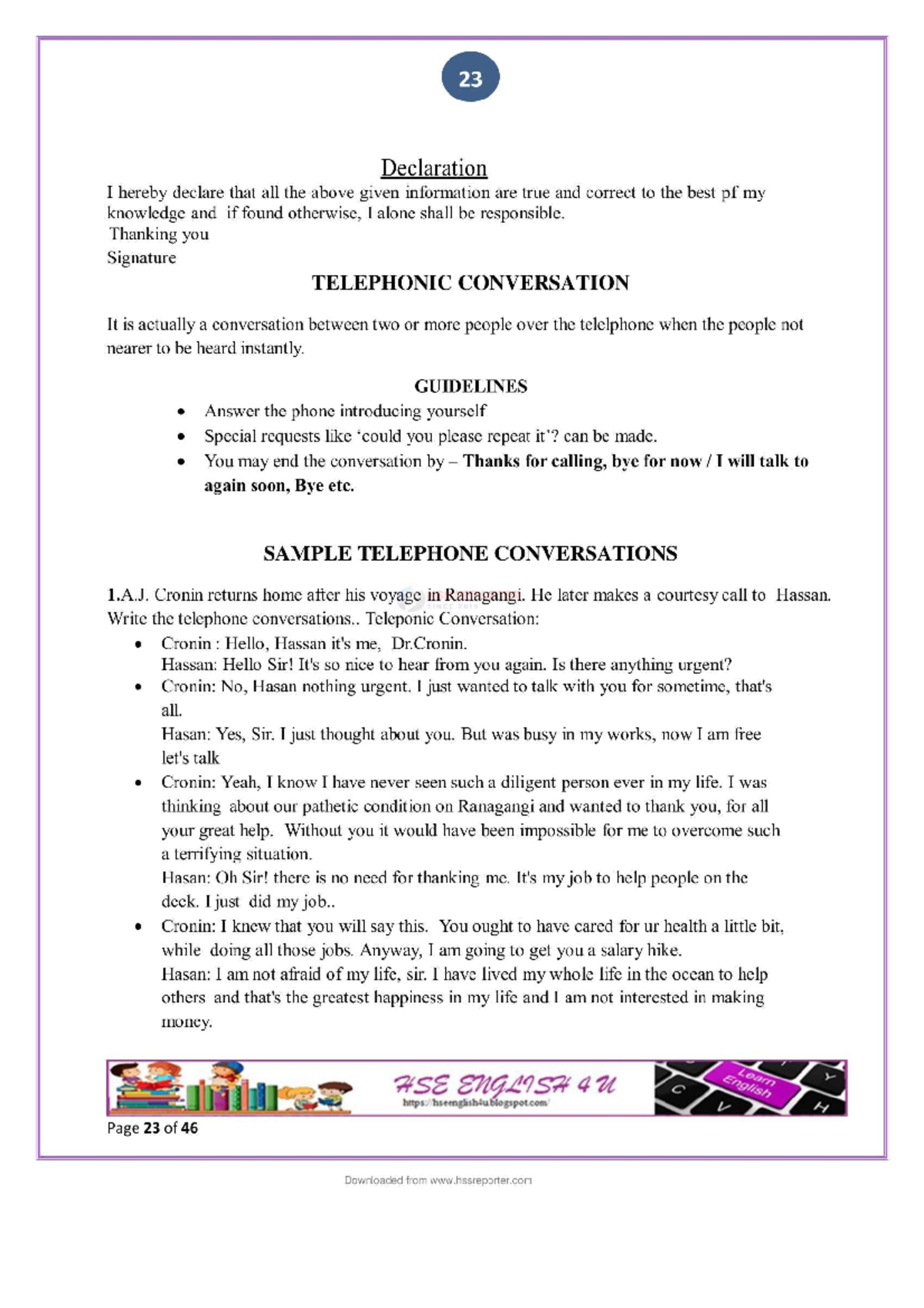 Telephone conversation format English +1 - Plus one - Studocu