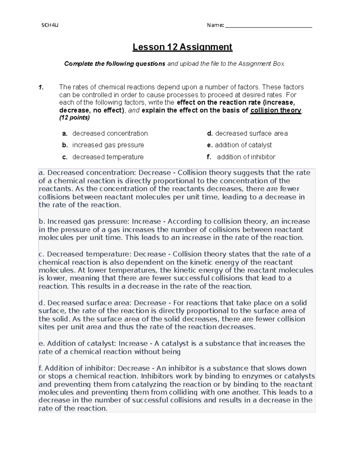 Lesson 12Worksheet - hello - SCH4U Name: Lesson 12 Assignment Complete the following questions ...