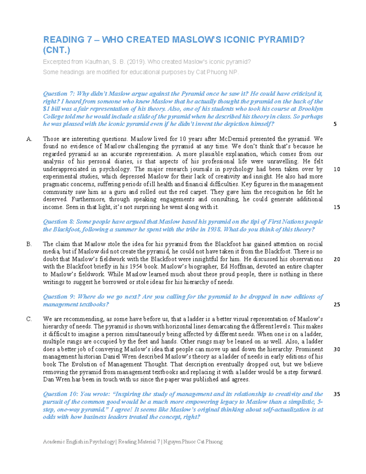 Reading 7 Who Created Maslow’s Iconic Pyramid (cnt - Academic English ...