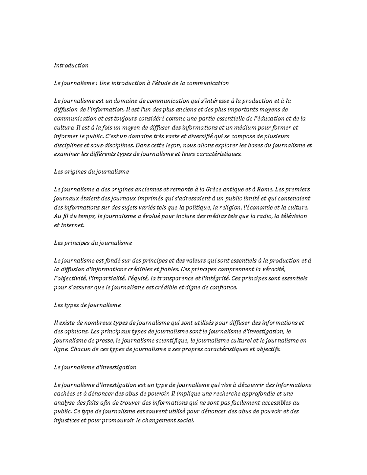 Journalism Notes de cours - Introduction Le journalisme : Une ...