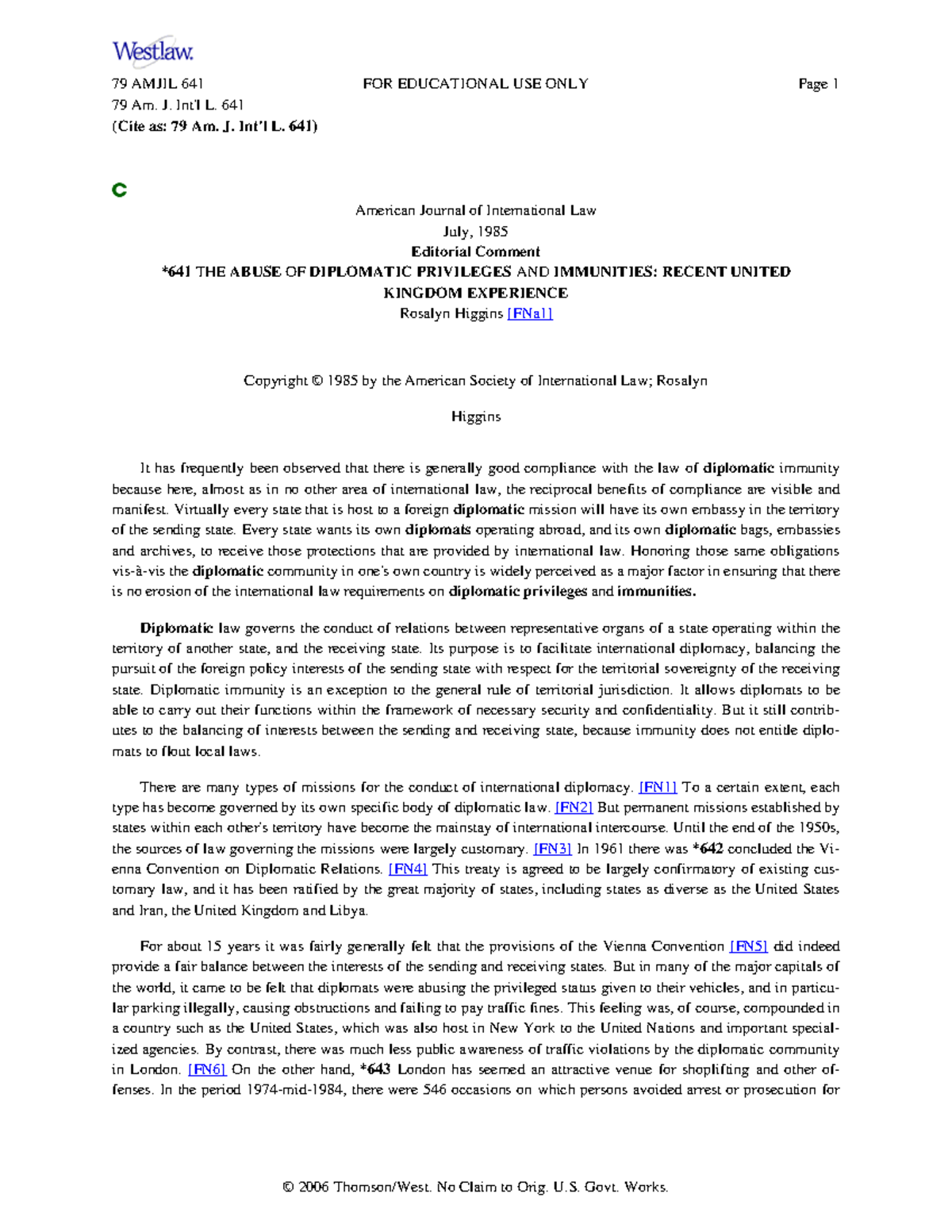 641 THE Abuse OF Diplomatic Privileges AND Immunities Recent United ...