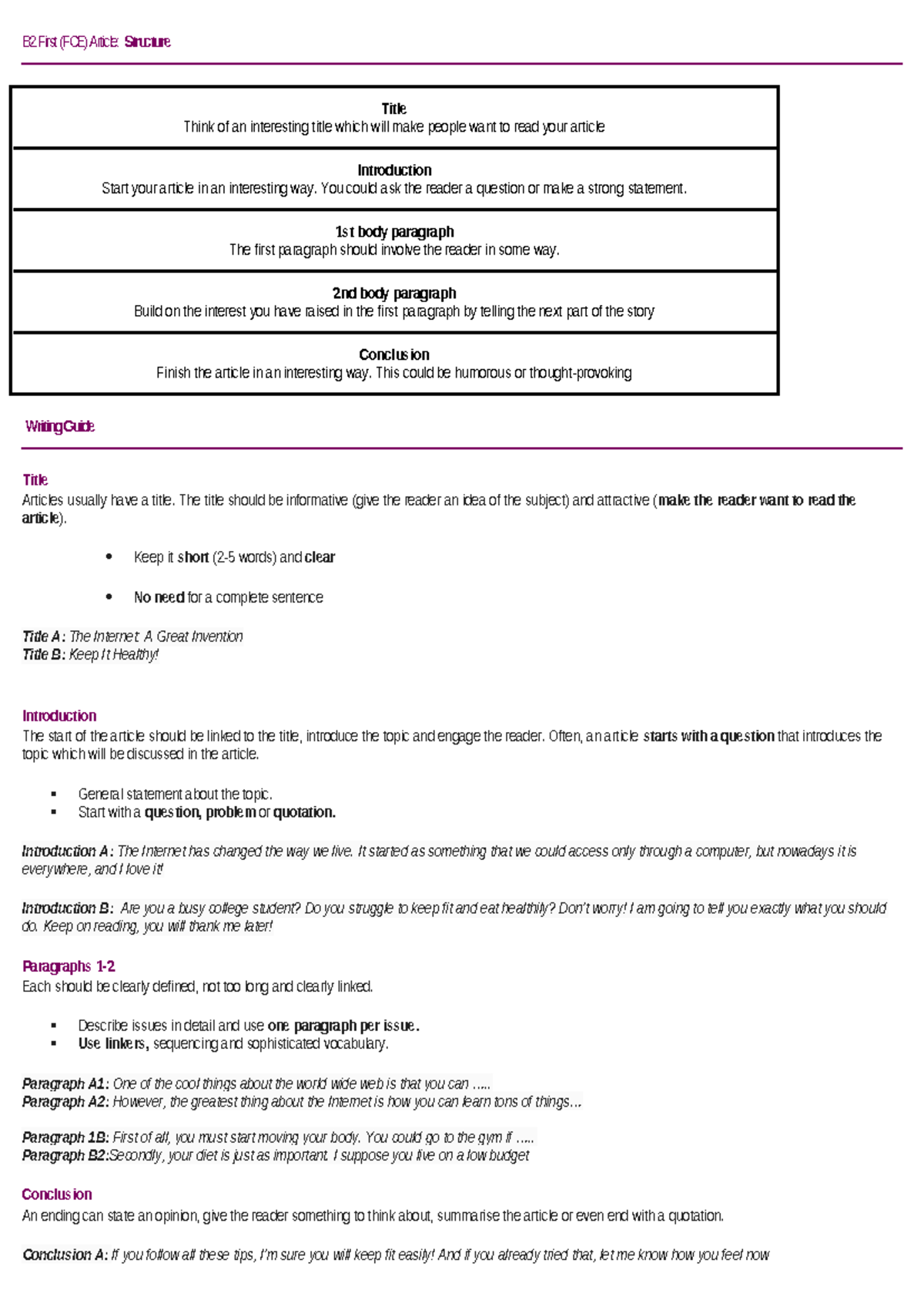 Articles - writing an article - B2 First (FCE) Article: Structure Title ...