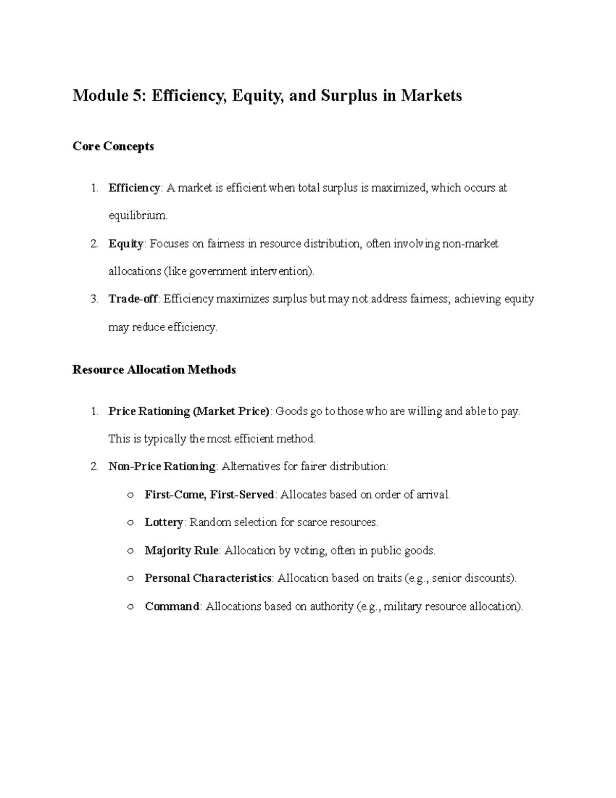 Notes for Mid term 2 - Module 5: Efficiency, Equity, and Surplus in ...