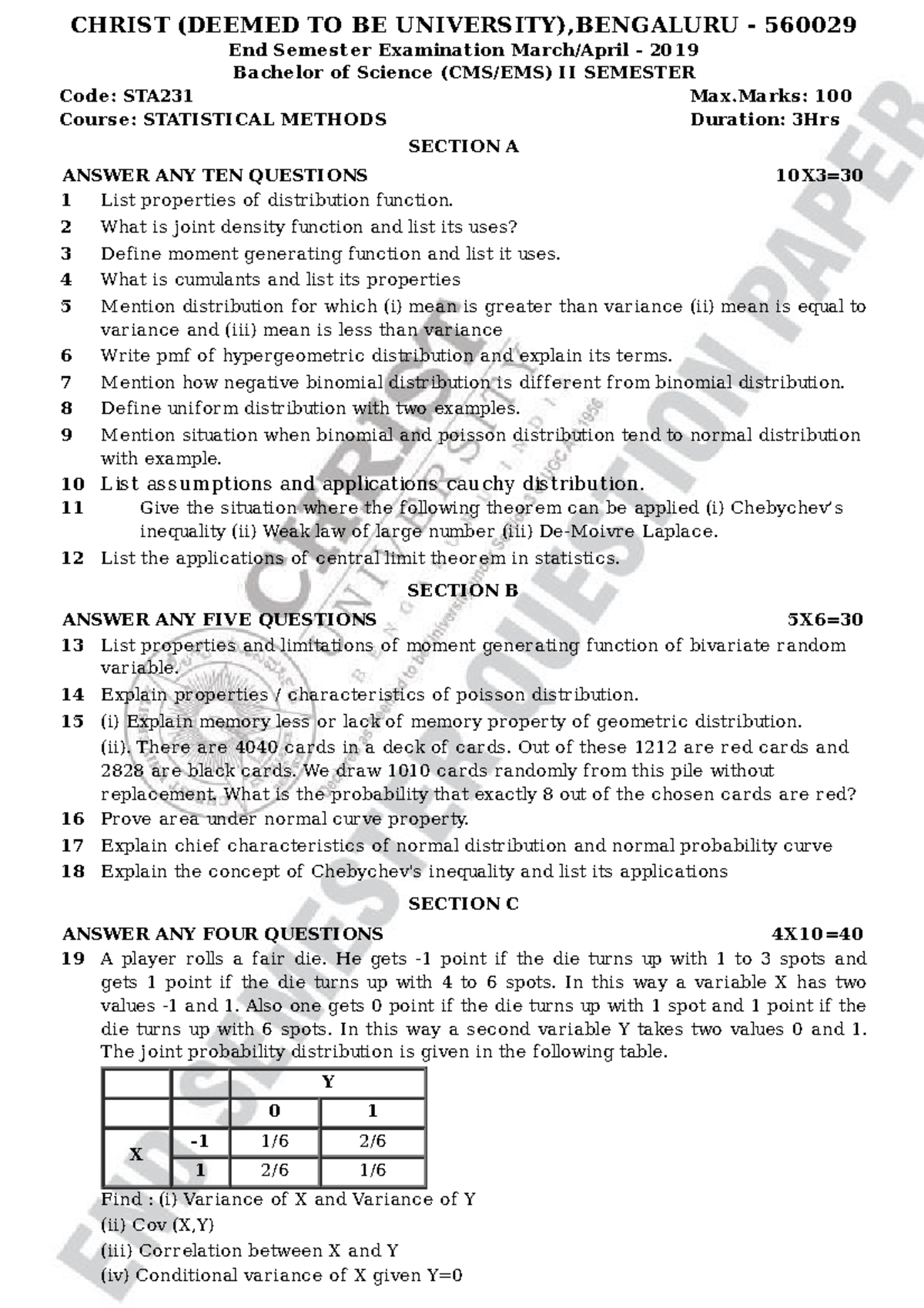 STA231 Question paper of 2016 - CHRIST (DEEMED TO BE UNIVERSITY ...