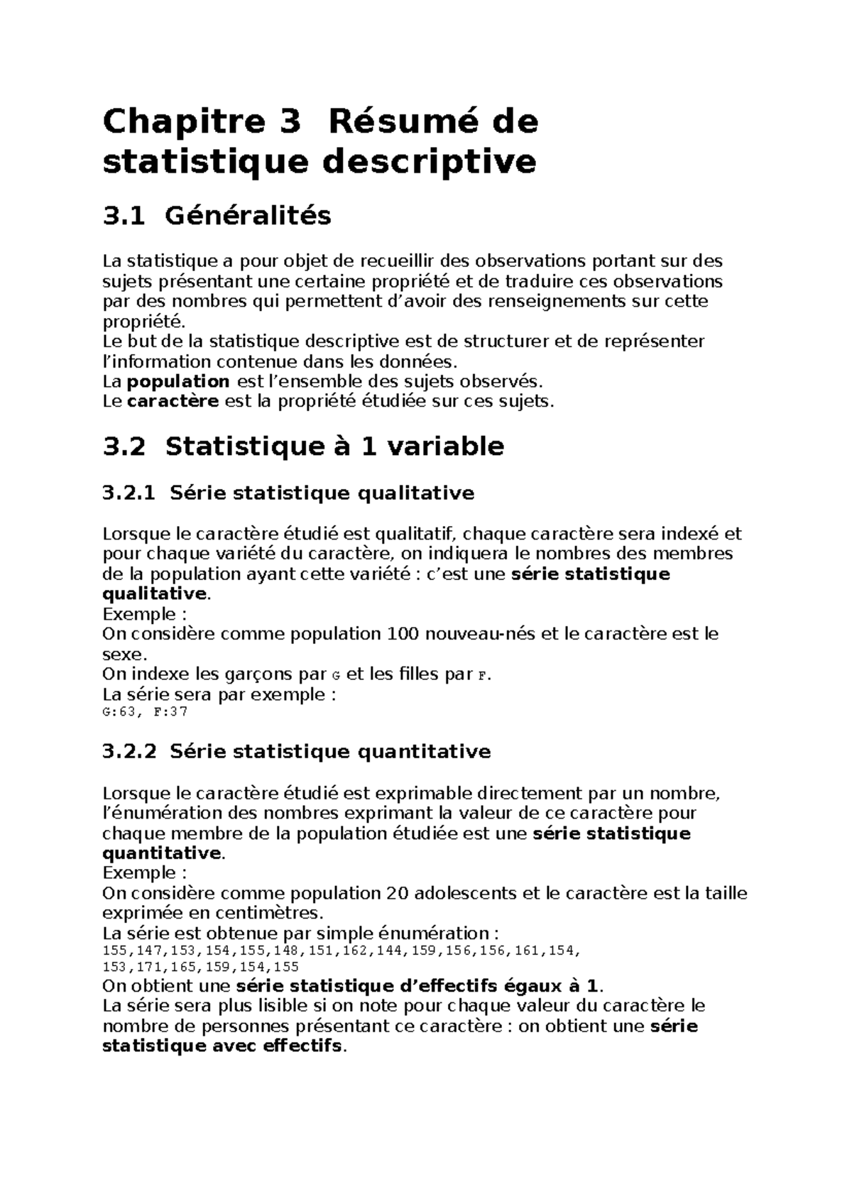 Resumé statistiques descreptive - Chapitre 3 Résumé de statistique ...