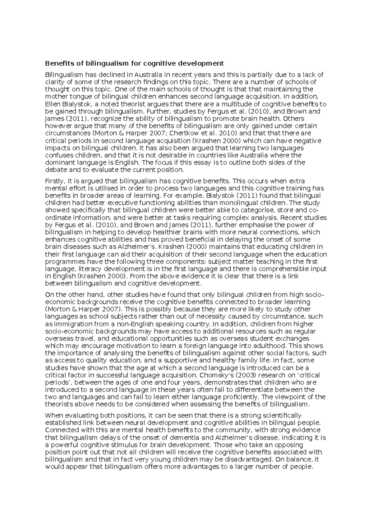 Model -Bilingualism essay - Benefits of bilingualism for cognitive ...