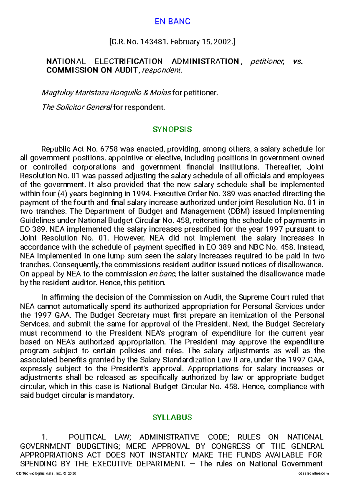 18. NEA v. COA, G.R. No. 143481, February 15, 2002 - EN BANC [G. No ...