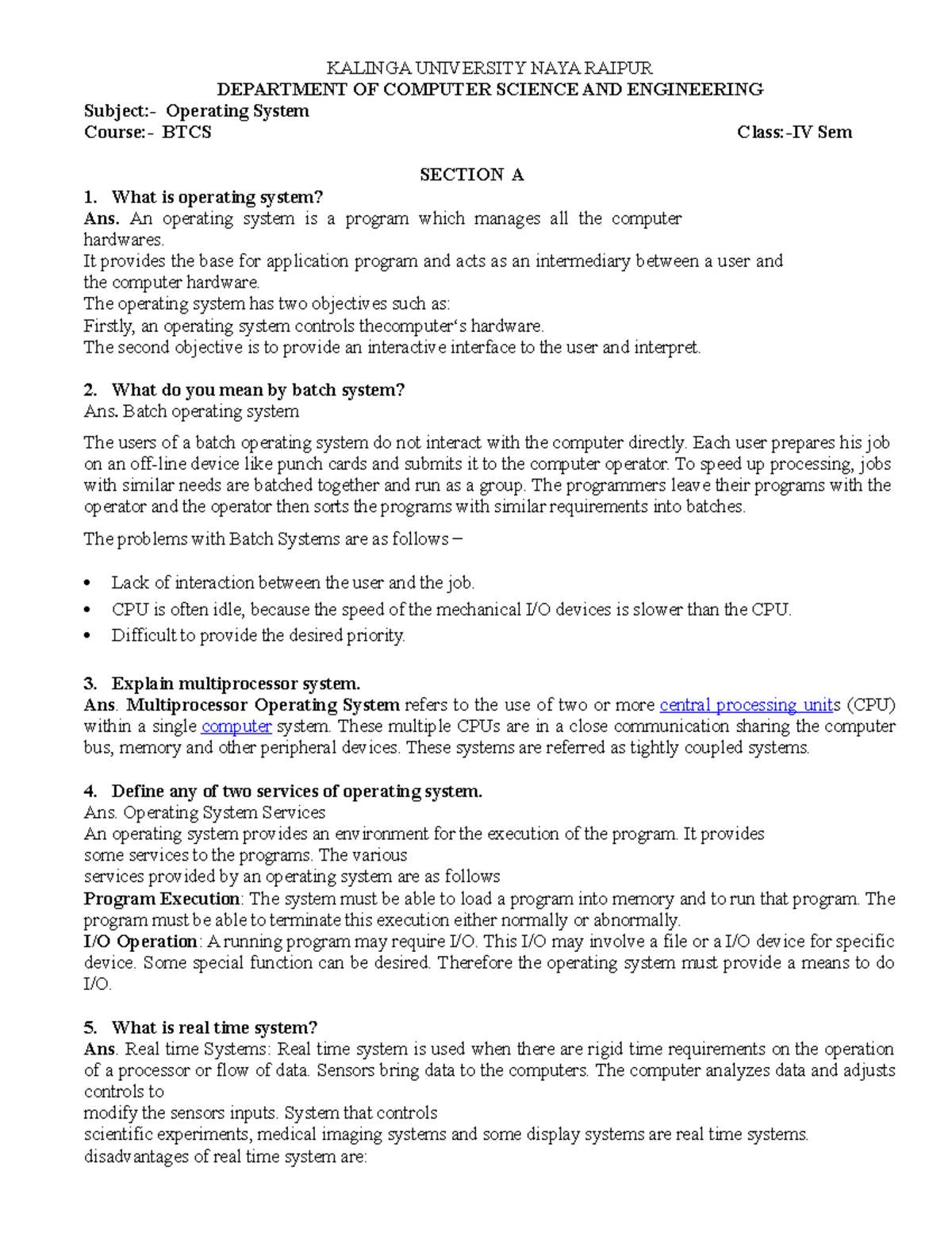 Operating System - KALINGA UNIVERSITY NAYA RAIPUR DEPARTMENT OF COMPUTER SCIENCE AND ENGINEERING ...