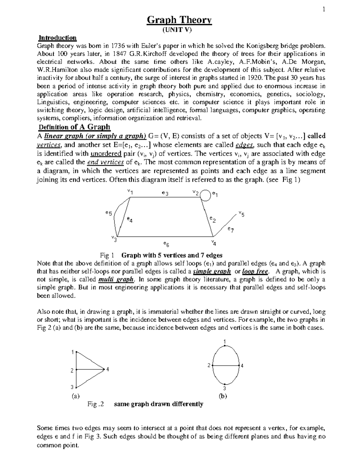 Uni T5DM - It's use full - Graph Theory ####### (UNIT V) Introduction Graph theory was born in ...