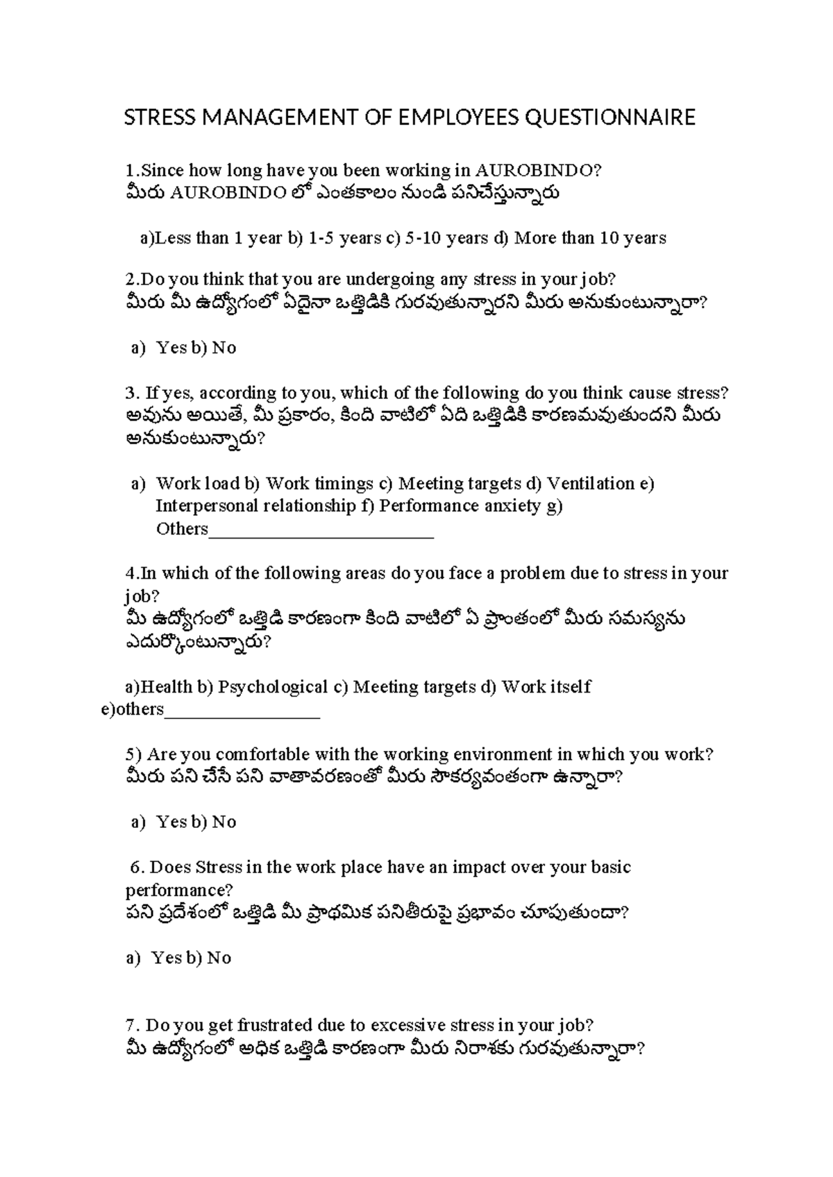 Stress Management OF Employees Questionnaire - STRESS MANAGEMENT OF ...
