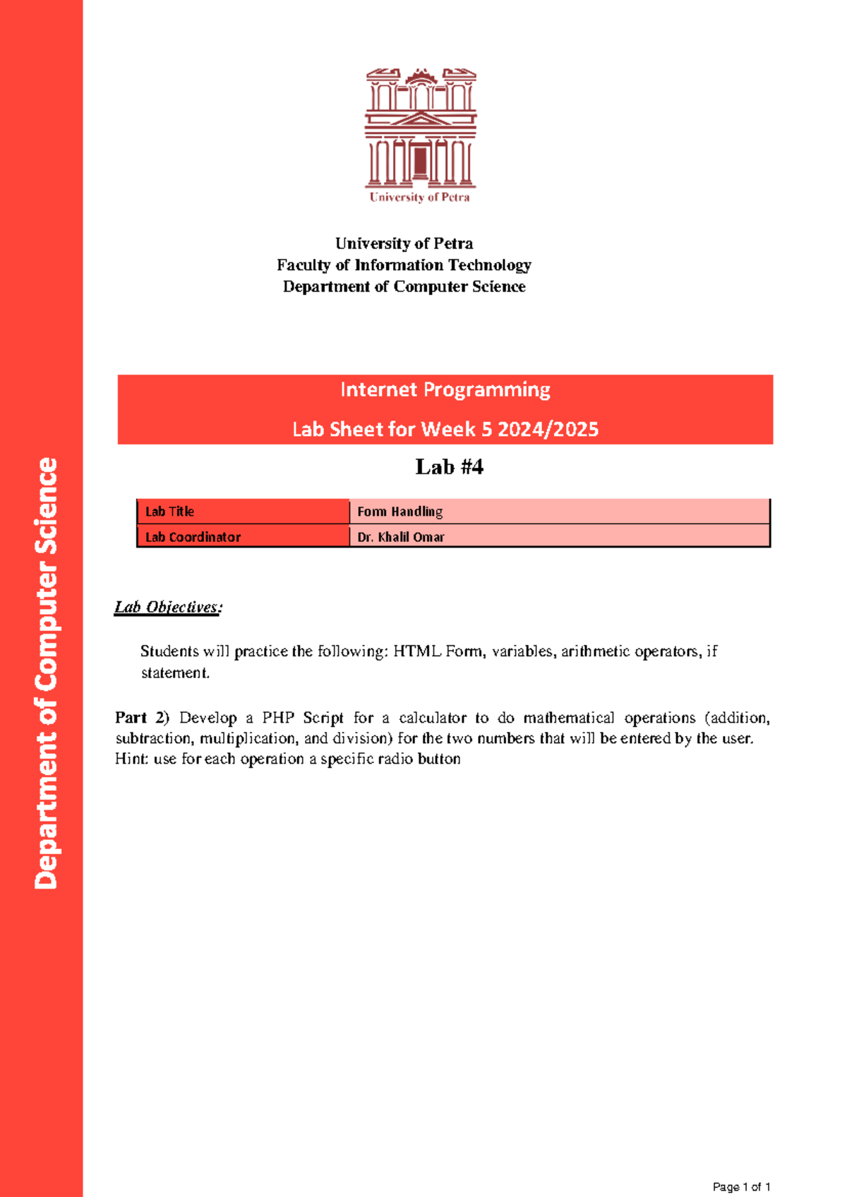 IP Lab Sheet - Week 5 #4#p2 - Page 1 of 1 University of Petra Faculty ...