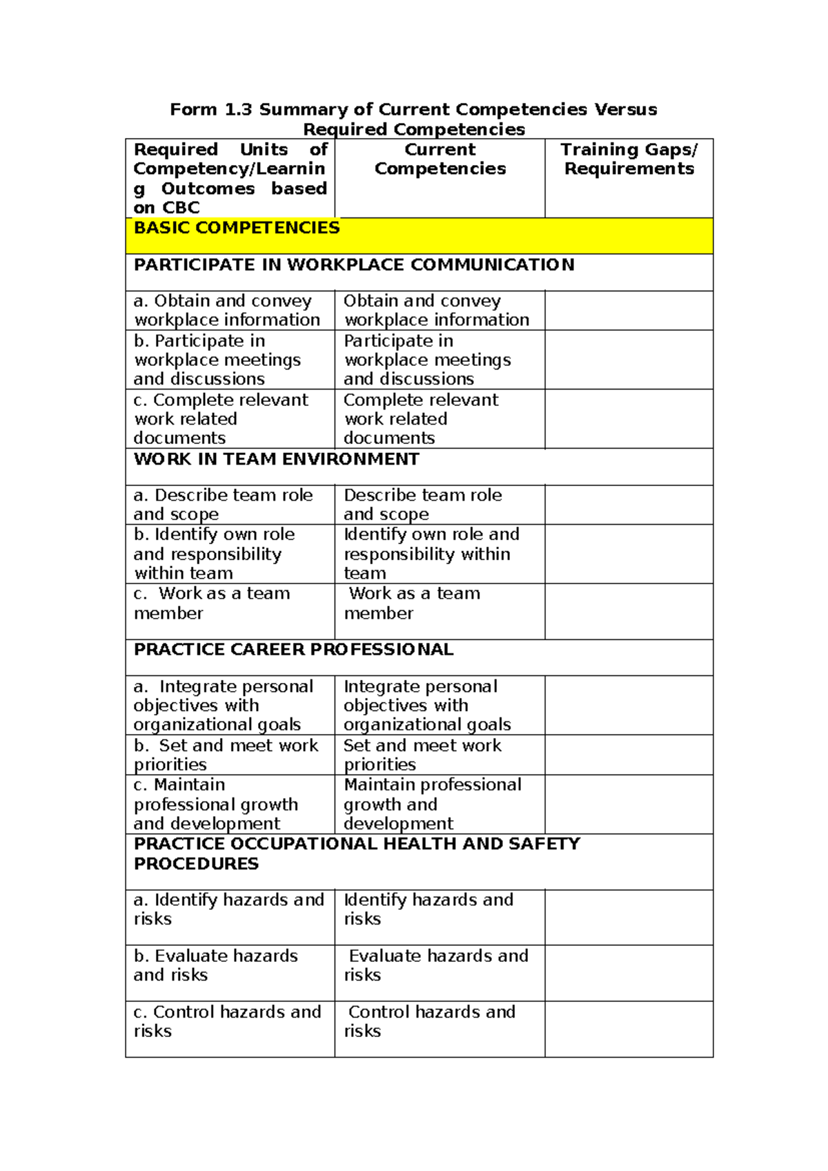 Form 1.3 - forms - Form 1 Summary of Current Competencies Versus ...