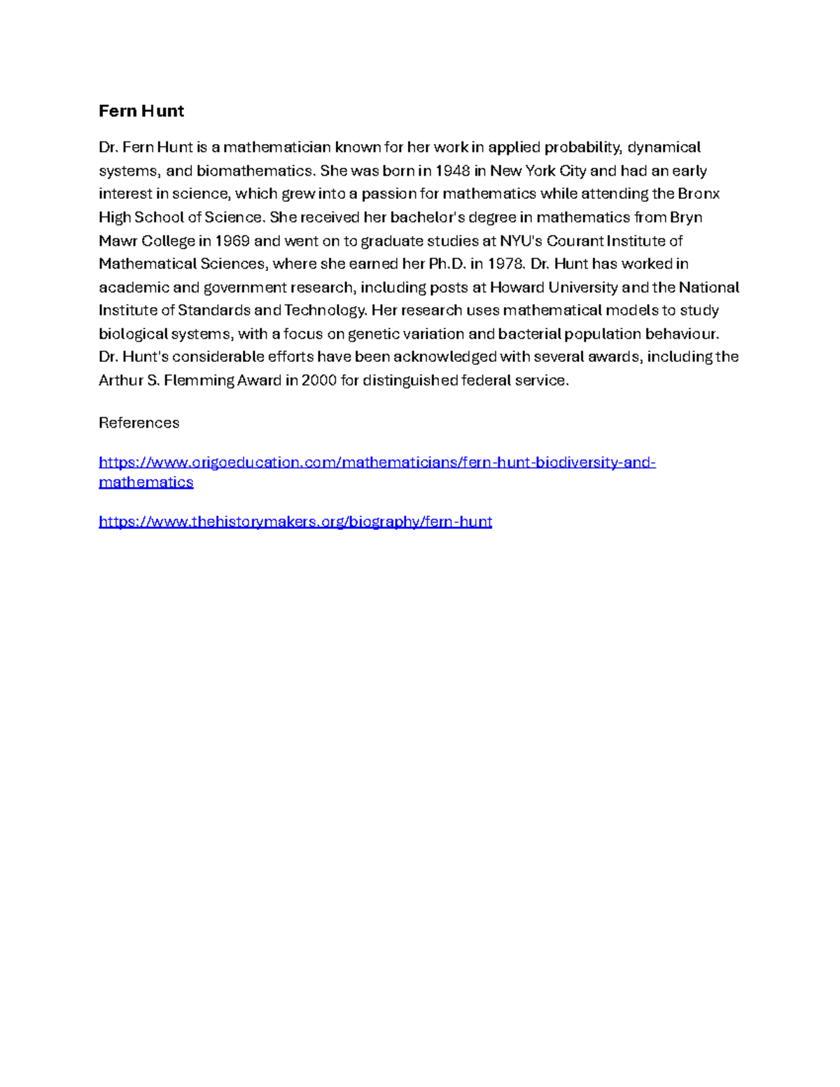 Bipocmathmetician - Extra credit assignment - Fern Hunt Dr. Fern Hunt ...