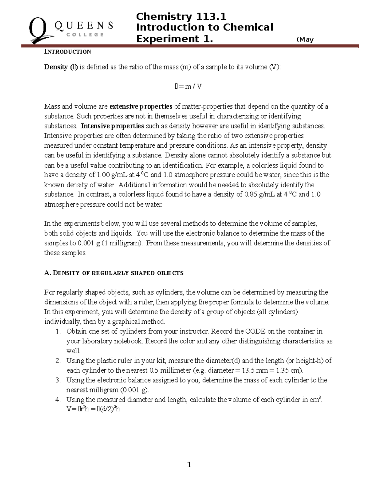 Experiments 1-3 CH 113.1 - INTRODUCTION Density ( ) is defined as the ratio of the mass (m) of a ...