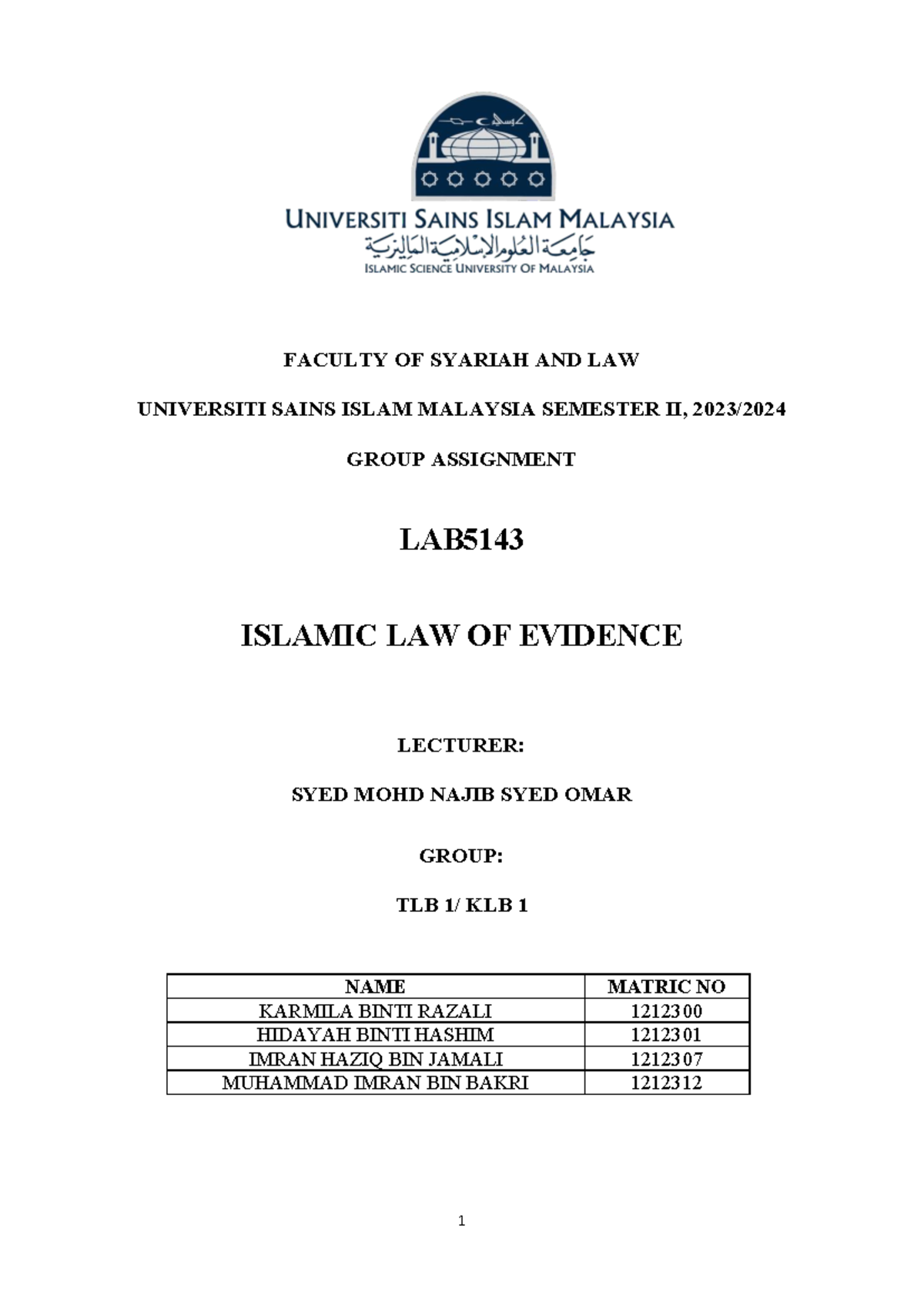 LAB5143TLB1 Group Assignment - FACULTY OF SYARIAH AND LAW UNIVERSITI ...