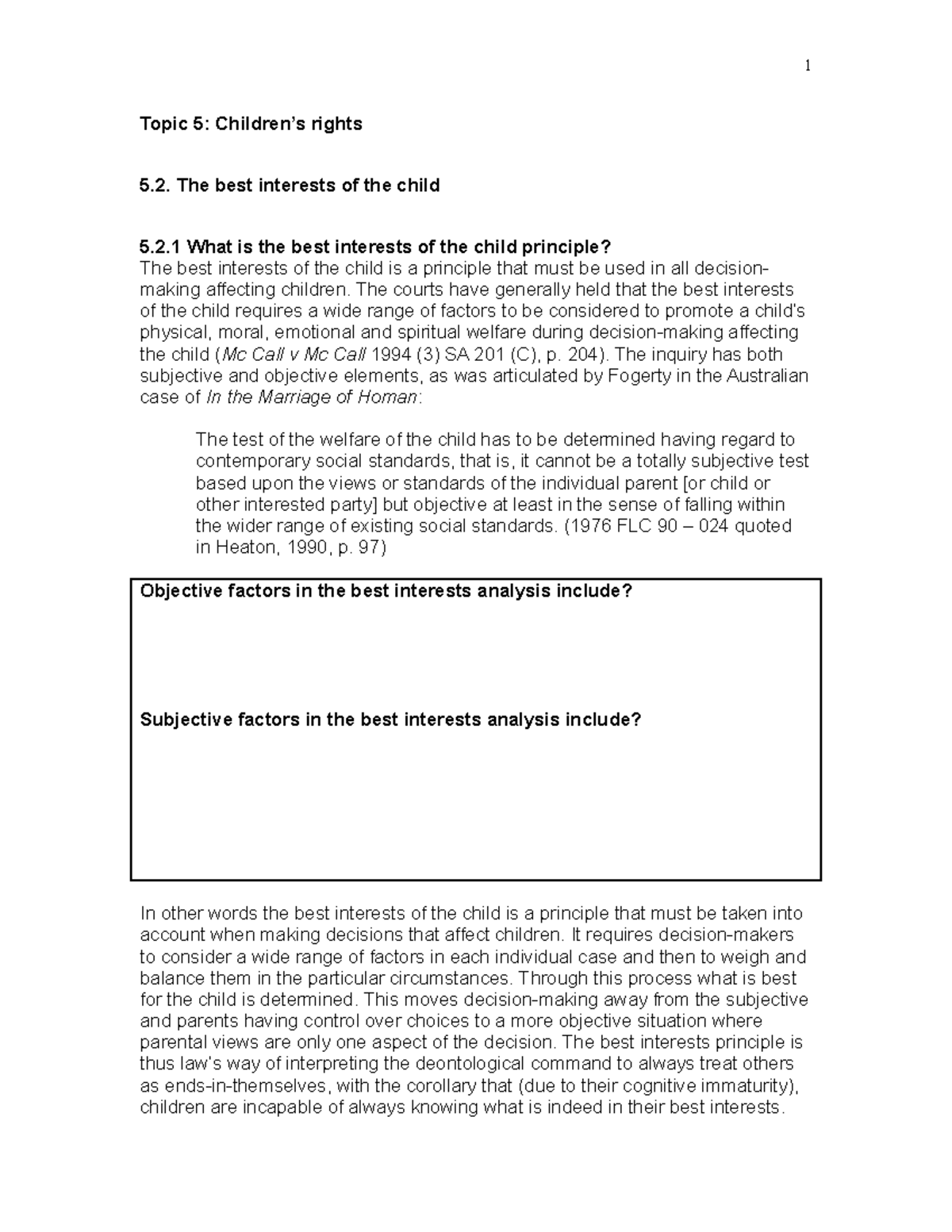Best Interests notes - law of persons - Topic 5: Children’s rights 5 ...