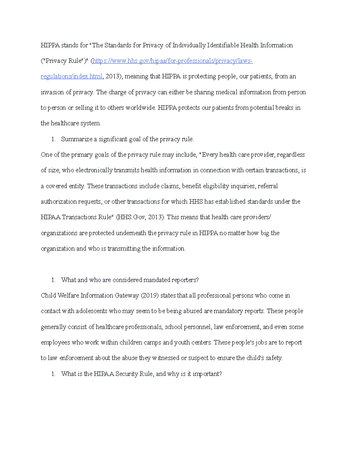 Hippa paper health assesment - HIPPA stands for "The Standards for ...