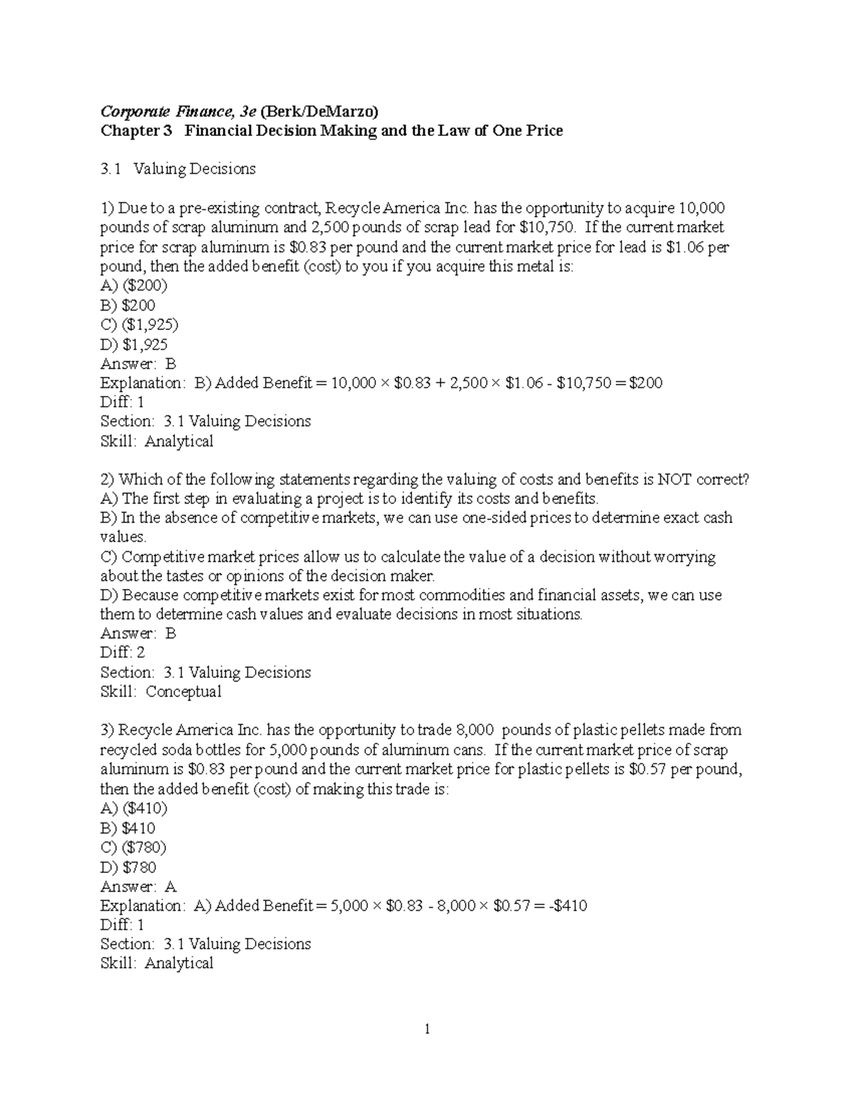 test prep finance chapter 3 - Corporate Finance, 3e (Berk/DeMarzo ...