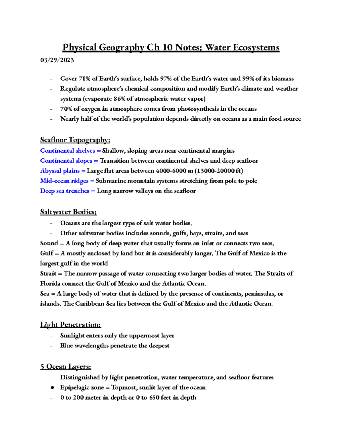 Physical Geography Ch 10 Notes Water Ecosystems - Physical Geography Ch ...