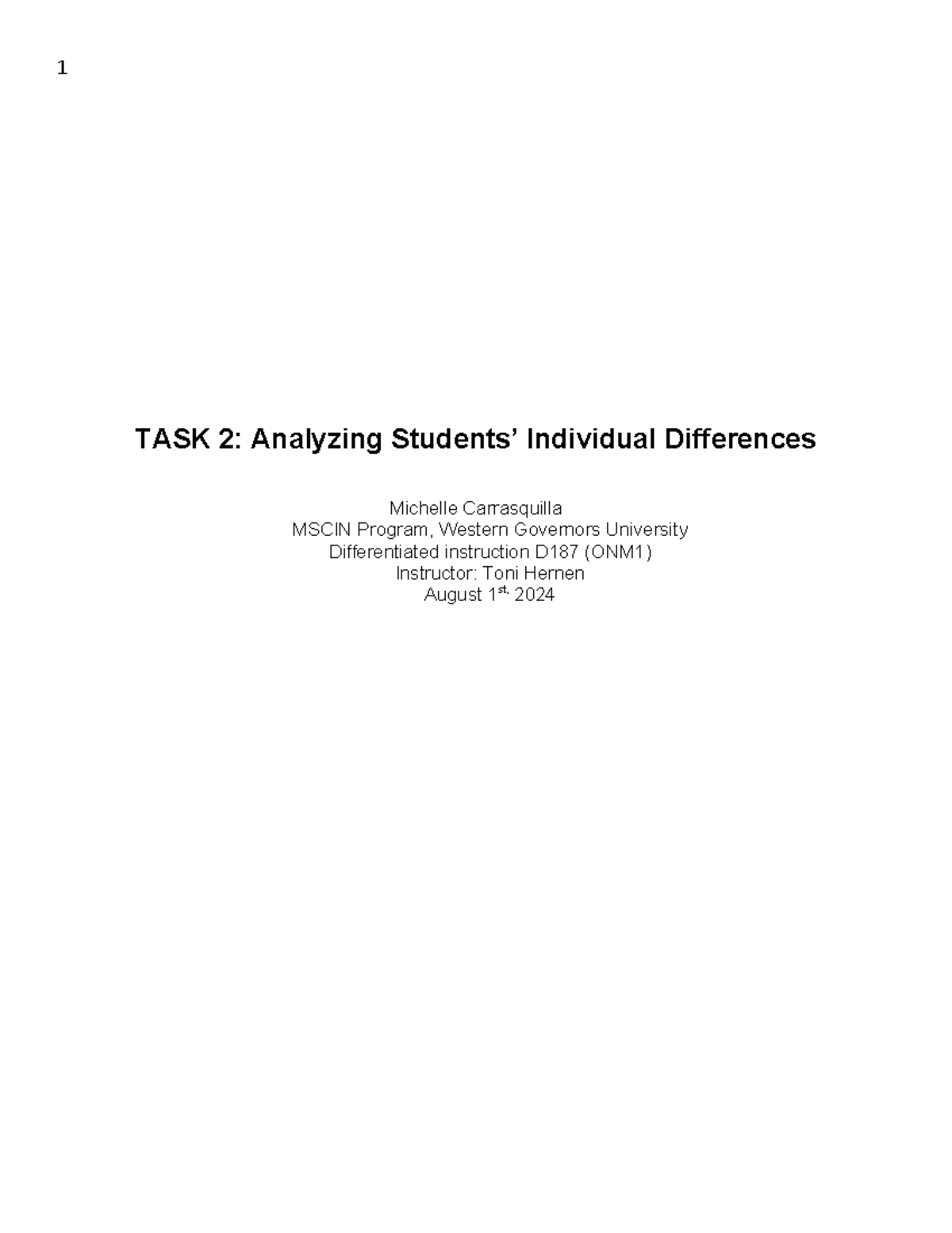 D187 Task 2 Passed - TASK 2: Analyzing Students’ Individual Differences ...