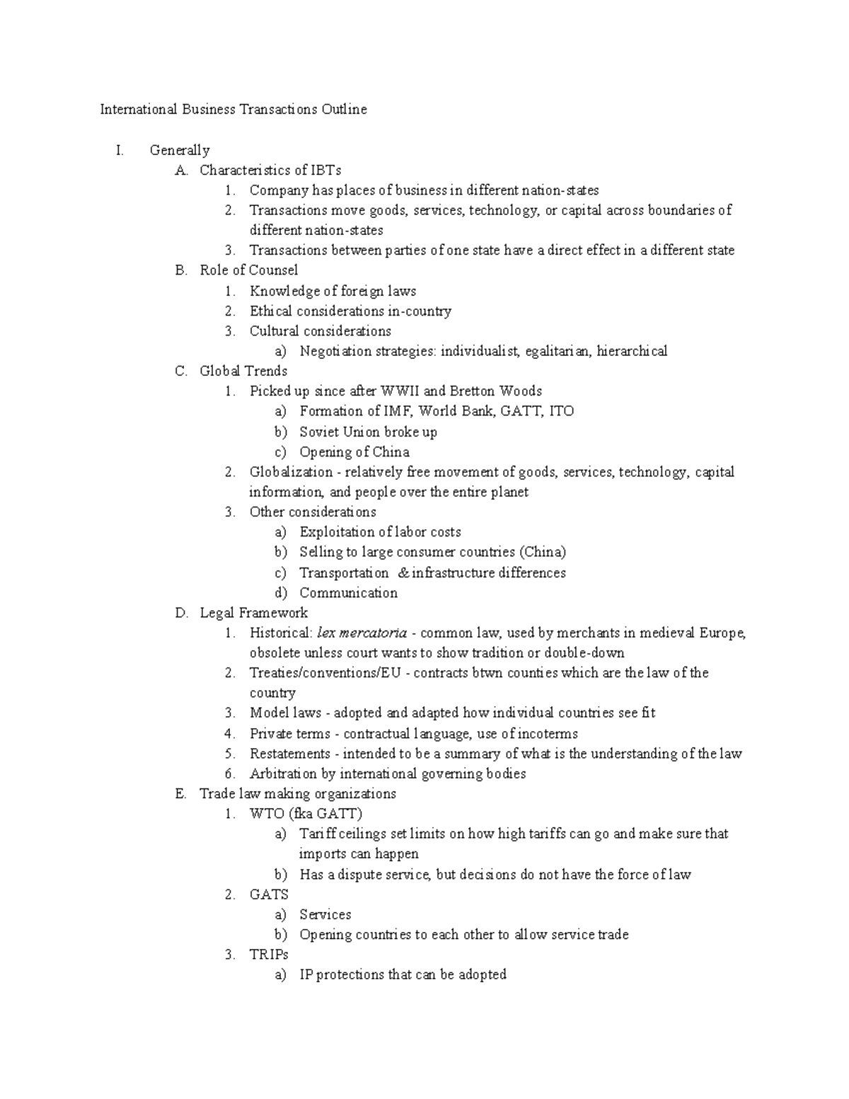 International Business Transactions Outline - Generally A ...