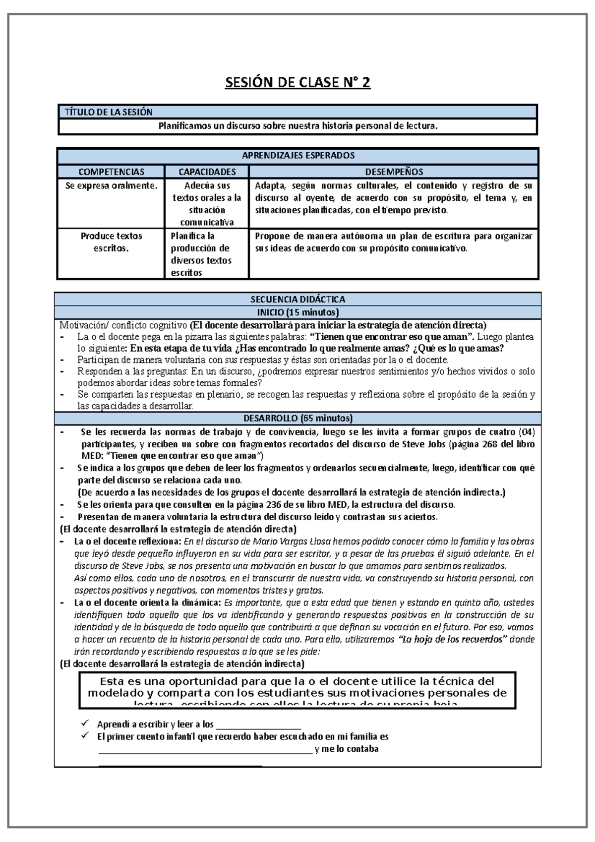 Sesión DE Clase N°2 - sesiones - SESIÓN DE CLASE N° 2 TÍTULO DE LA SESIÓN Planificamos un ...