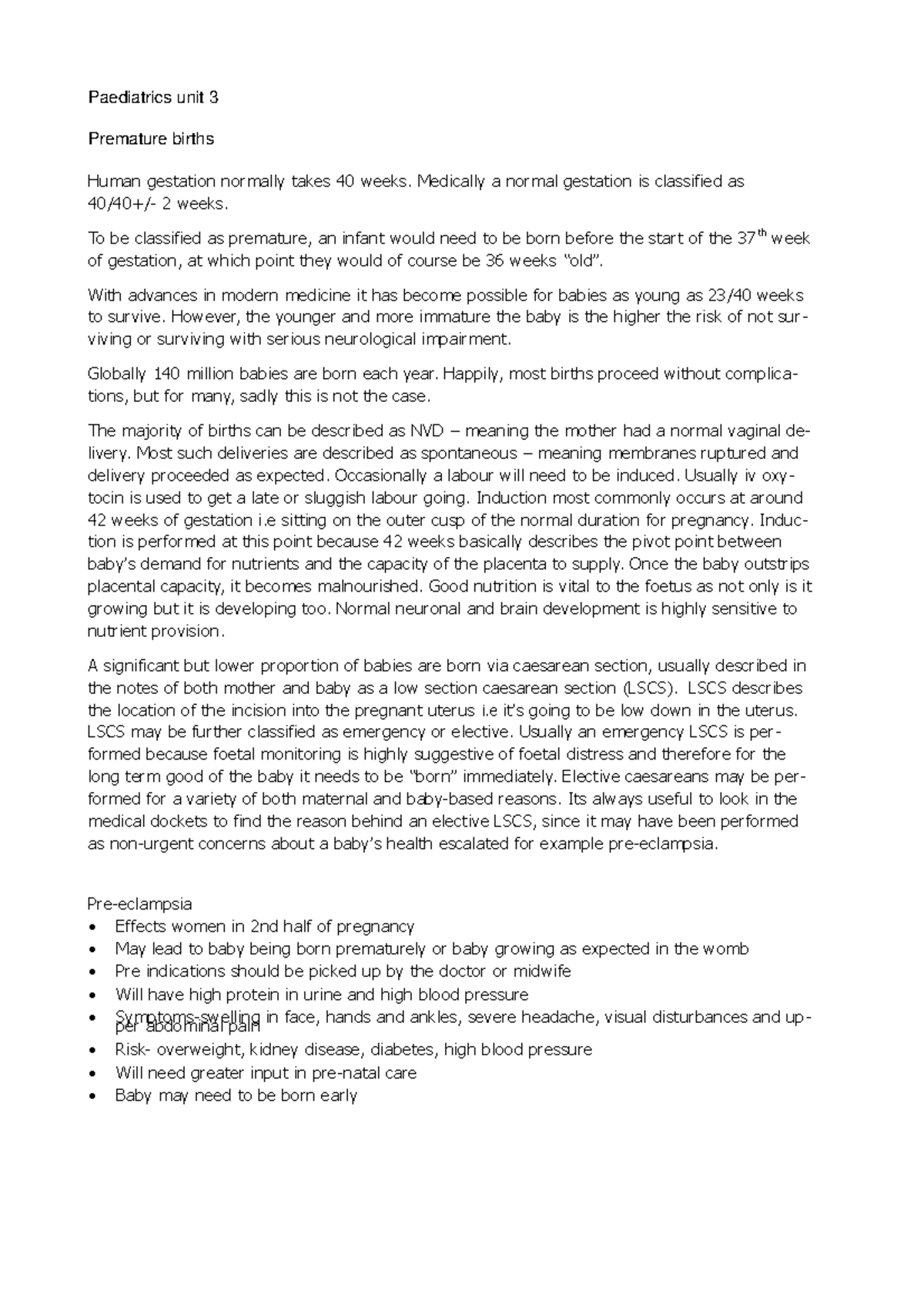 Peadiatrics unit 3 - Premature babies workbook notes - Paediatrics unit ...