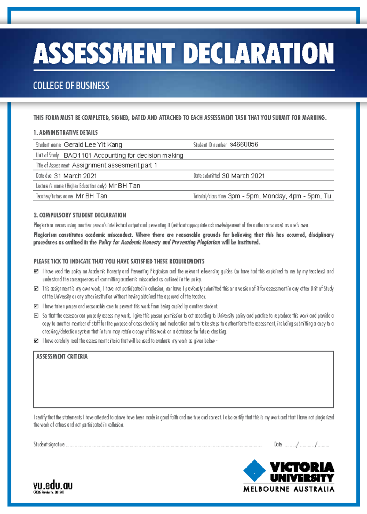 Assessment Declaration account - THIS FORM MUST BE COMPLETED, SIGNED ...