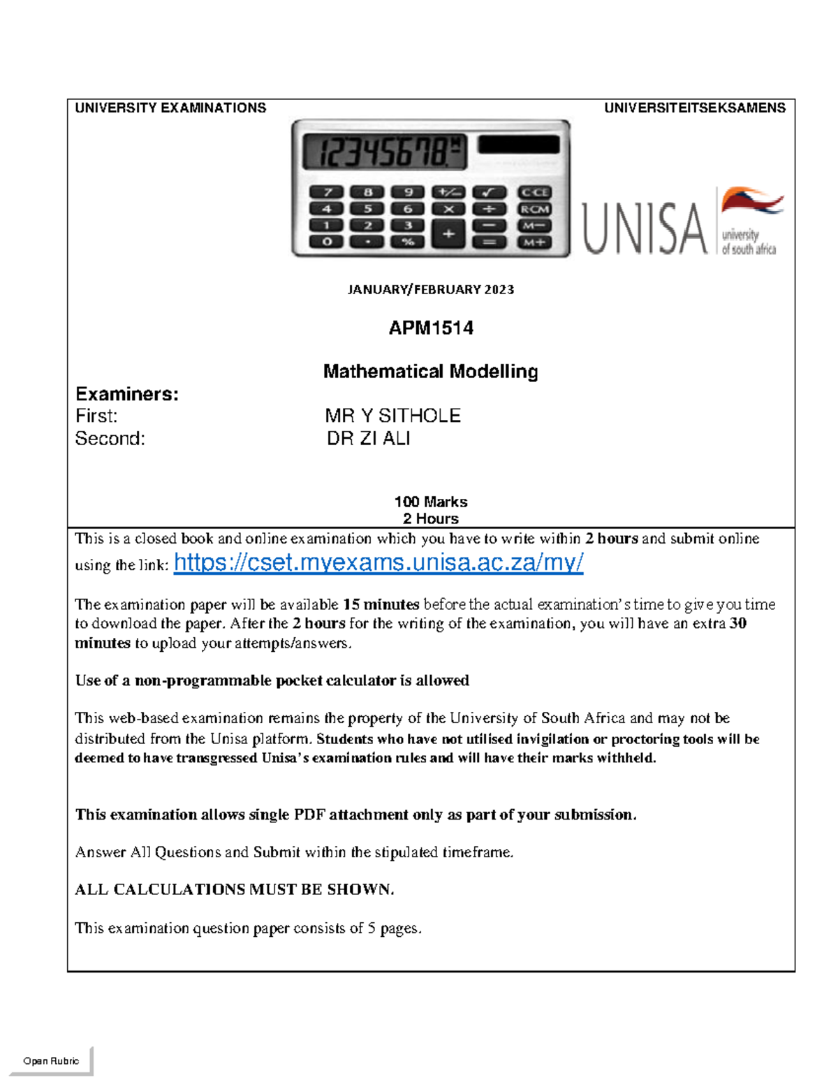 APM1514 FEB 2023 Exam - UNIVERSITY EXAMINATIONS UNIVERSITEITSEKSAMENS ...
