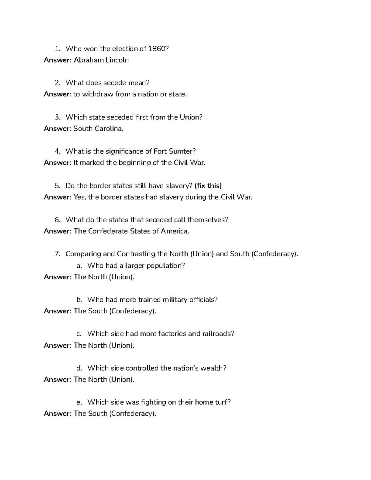 Civil War Test Review - Who won the election of 1860? Answer: Abraham ...